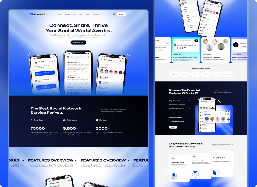 Engage FZ - Social Network App Webflow Template | Flowzai